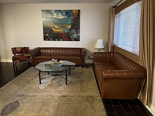 EMKK 84inch 3 Seater Sofa Modern Upholstered Couch Faux Leather Sofá for Living Room, Rolled Arm Chesterfield Small Spaces,Bedroom,Apartment,Dorm,Office, Dark Brown 84''