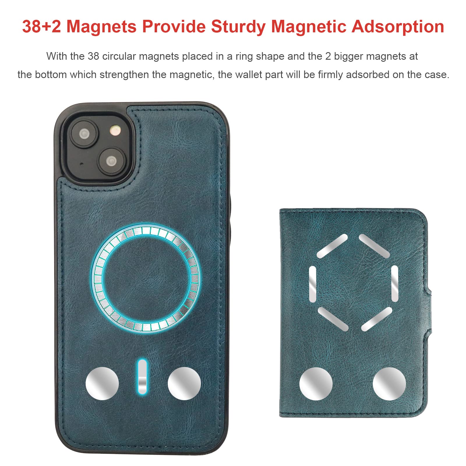Bocasal Wallet Case for iPhone 14 Compatible with MagSafe Magnetic RFID Blocking Detachable Premium PU Leather Flip Case with Card Slots Holder Kickstand Wireless Charging 6.1 Inch (Blue)