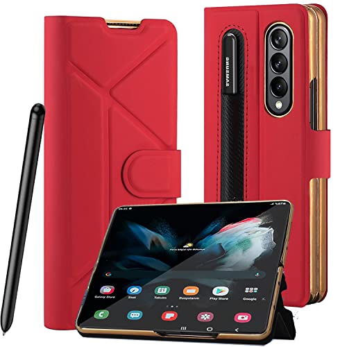 NINKI Compatible Magnetic Leather Case for Samsung Galaxy Z Fold 4 Case with Screen Protector and Stand 2022 Luxury Business Protective Samsung Z Fold 4 5G Phone Case with S Pen Holder Women- Red