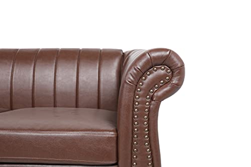 EMKK 84inch 3 Seater Sofa Modern Upholstered Couch Faux Leather Sofá for Living Room, Rolled Arm Chesterfield Small Spaces,Bedroom,Apartment,Dorm,Office, Dark Brown 84''