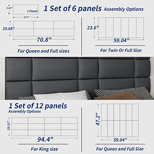 Art3d Adjustable Wall Mounted Upholstered Headboard for King, Twin, Full and Queen, Reusable and Removable Padded Wall Panels, Interchangeable Bed Panels in Black (6 Panels, 9.84" x 23.6")