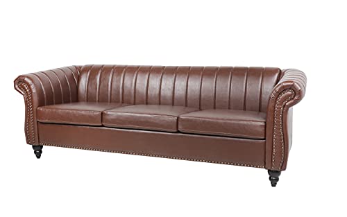 EMKK 84inch 3 Seater Sofa Modern Upholstered Couch Faux Leather Sofá for Living Room, Rolled Arm Chesterfield Small Spaces,Bedroom,Apartment,Dorm,Office, Dark Brown 84''