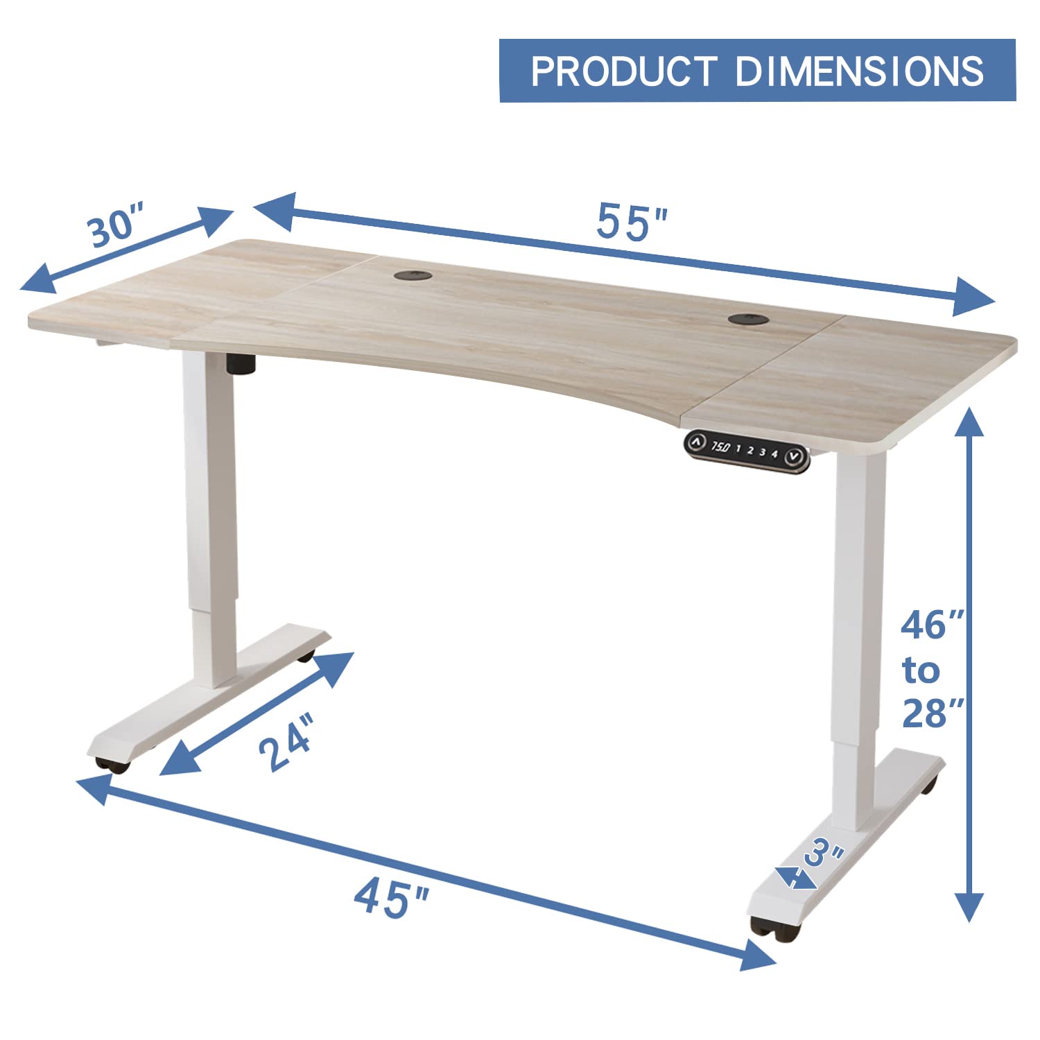 Jceet Adjustable Height Electric Standing Desk - 55 x 30 Inch Sit Stand Computer Desk with Splice Board, Stand Up Desk Table for Home Office, White Frame/Oak Top(with Radian)