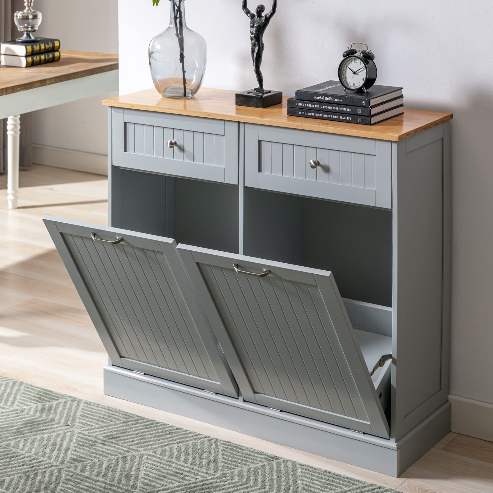 Double Trash Cabinet Tilt Out 20 Gallon, Pet Proof Kitchen Trash Cabinet Laundry Hamper with Cutting Board, Wood Garbage Recycling Station Hideaway Trash Holder Drawers (Grey)