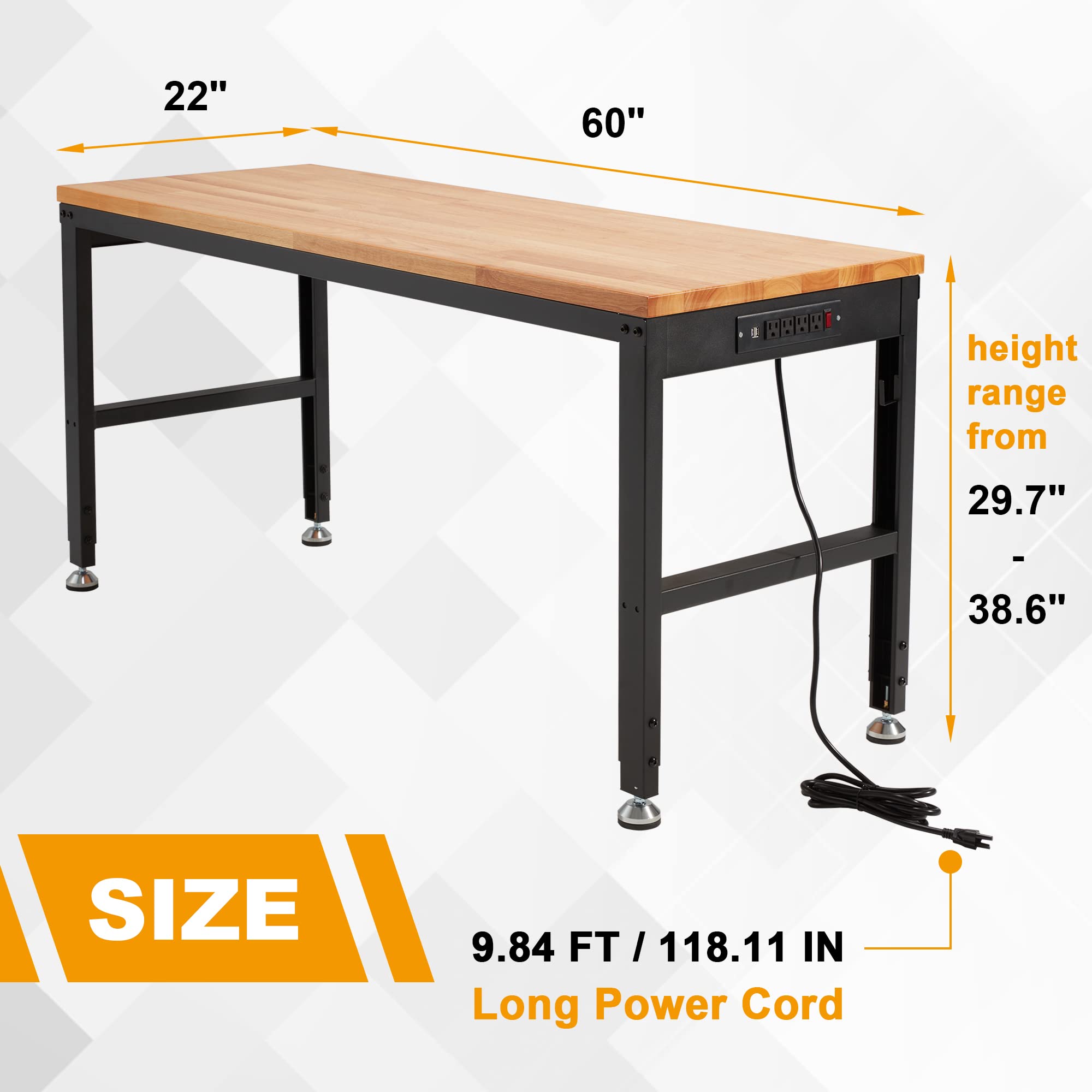 AHB 60" Workbench Adjustable Height, Oak Wood Work Table with Power Outlets, Max 2000 LBS, Heavy Duty Workstation for Garage Party Shop Office Home(Black 60"x 22")