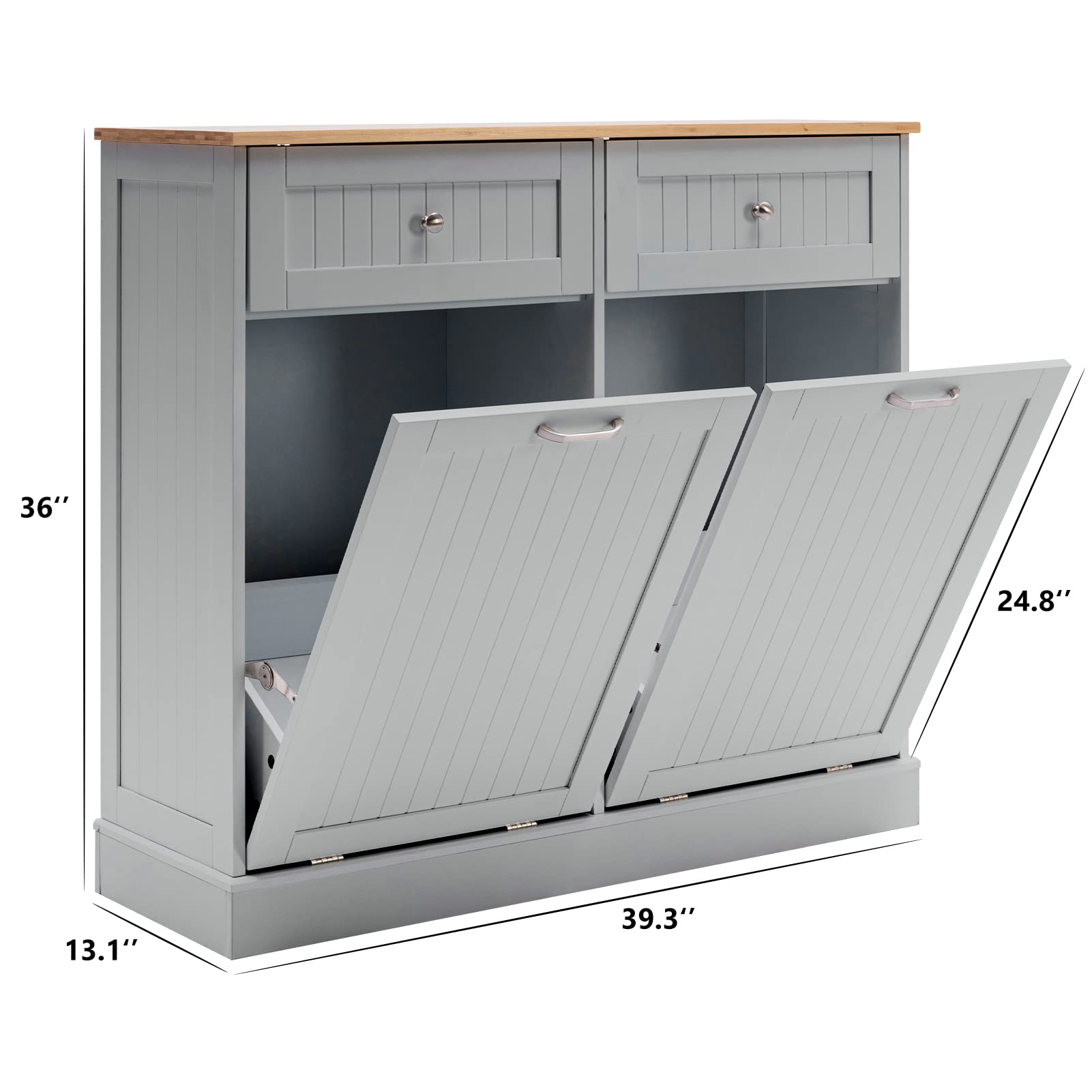 Double Trash Cabinet Tilt Out 20 Gallon, Pet Proof Kitchen Trash Cabinet Laundry Hamper with Cutting Board, Wood Garbage Recycling Station Hideaway Trash Holder Drawers (Grey)