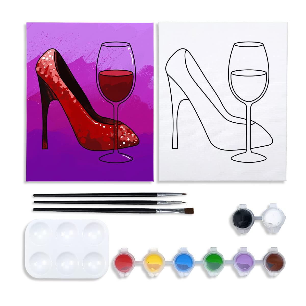 VOCHIC Canvas Painting Kit Pre Drawn Canvas for Painting for Adults Party Kits Paint and Sip Party Supplies 8x10 inch Girl High Heels Glass 8 Colors,3 Brush,1 Pallet Paint Art Set