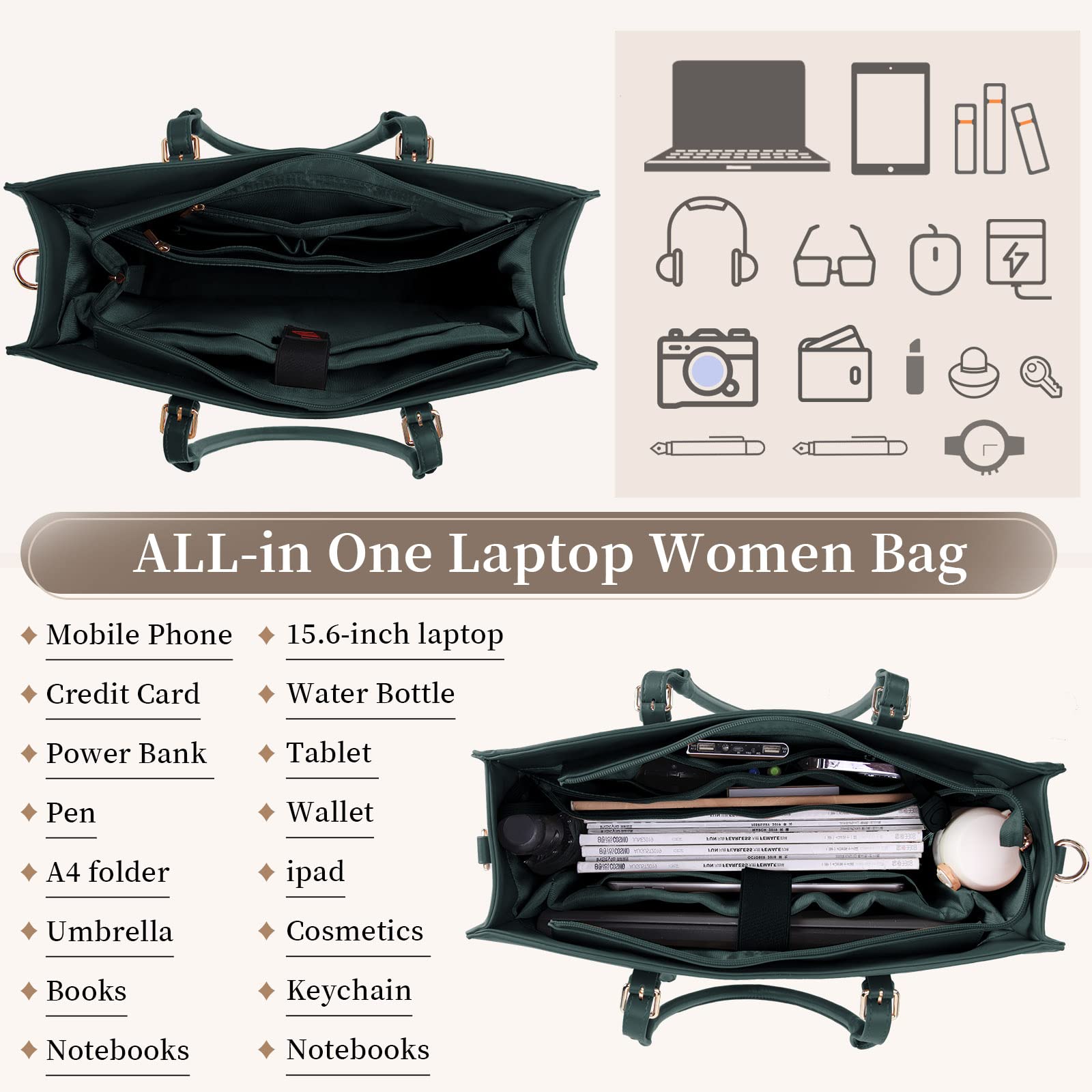 Laptop Bag for Women 15.6 inch Waterproof Laptop Tote Work Bag Leather Computer Tote Briefcase Bag Office Professional Large Capacity Handbag School Shoulder Green