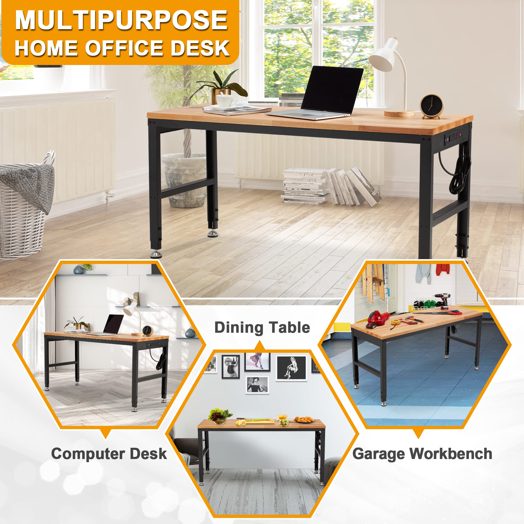 AHB 60" Workbench Adjustable Height, Oak Wood Work Table with Power Outlets, Max 2000 LBS, Heavy Duty Workstation for Garage Party Shop Office Home(Black 60"x 22")