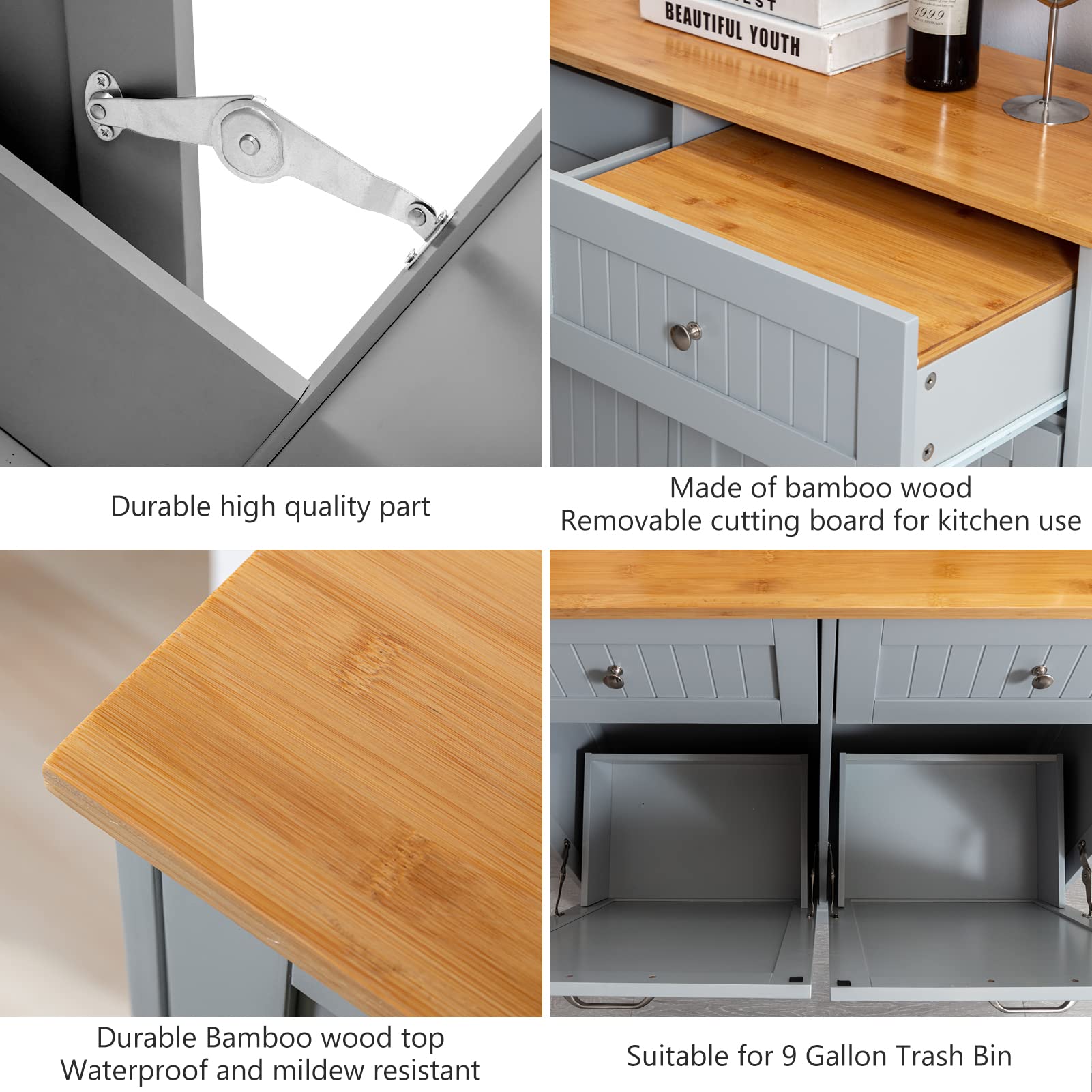 Double Trash Cabinet Tilt Out 20 Gallon, Pet Proof Kitchen Trash Cabinet Laundry Hamper with Cutting Board, Wood Garbage Recycling Station Hideaway Trash Holder Drawers (Grey)