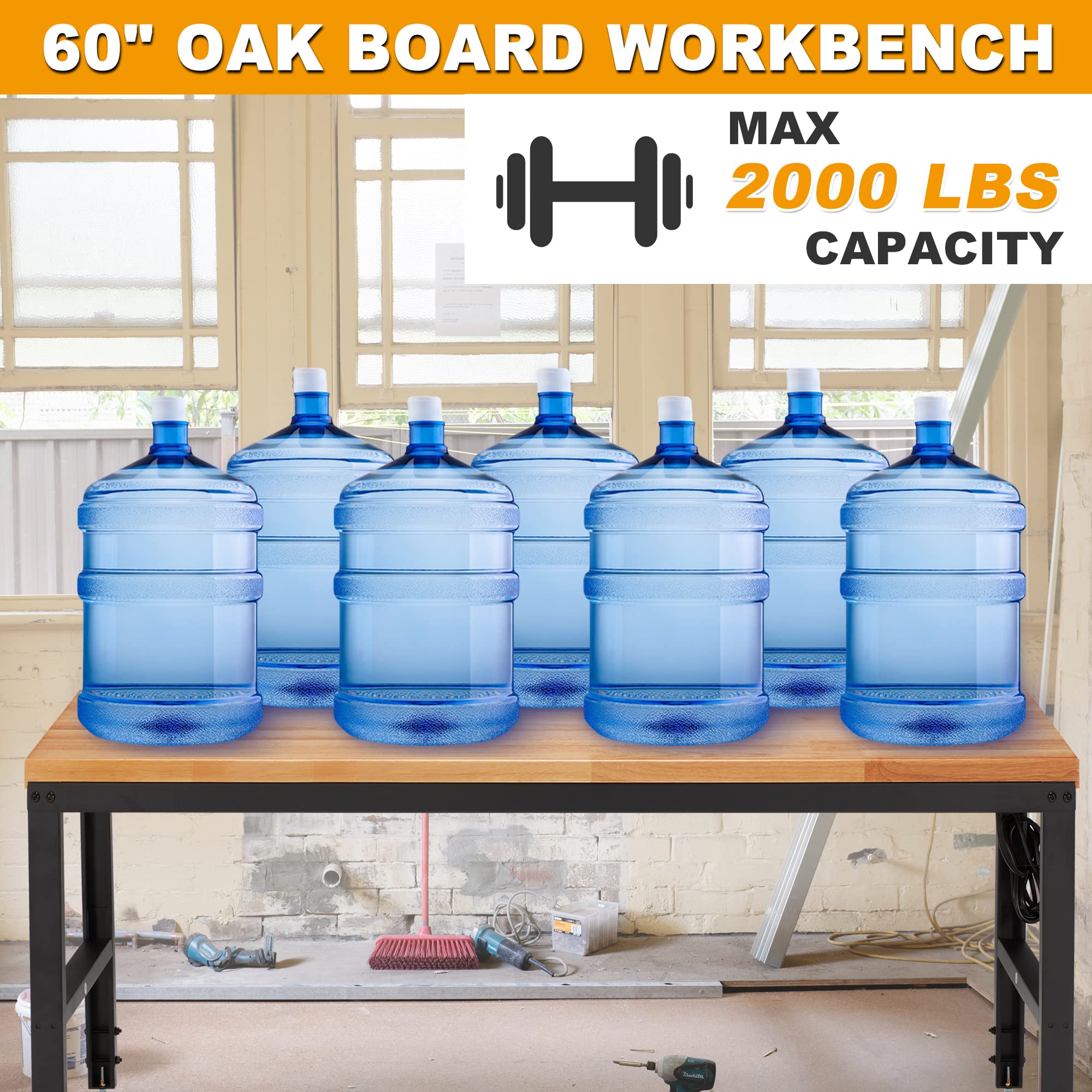 AHB 60" Workbench Adjustable Height, Oak Wood Work Table with Power Outlets, Max 2000 LBS, Heavy Duty Workstation for Garage Party Shop Office Home(Black 60"x 22")