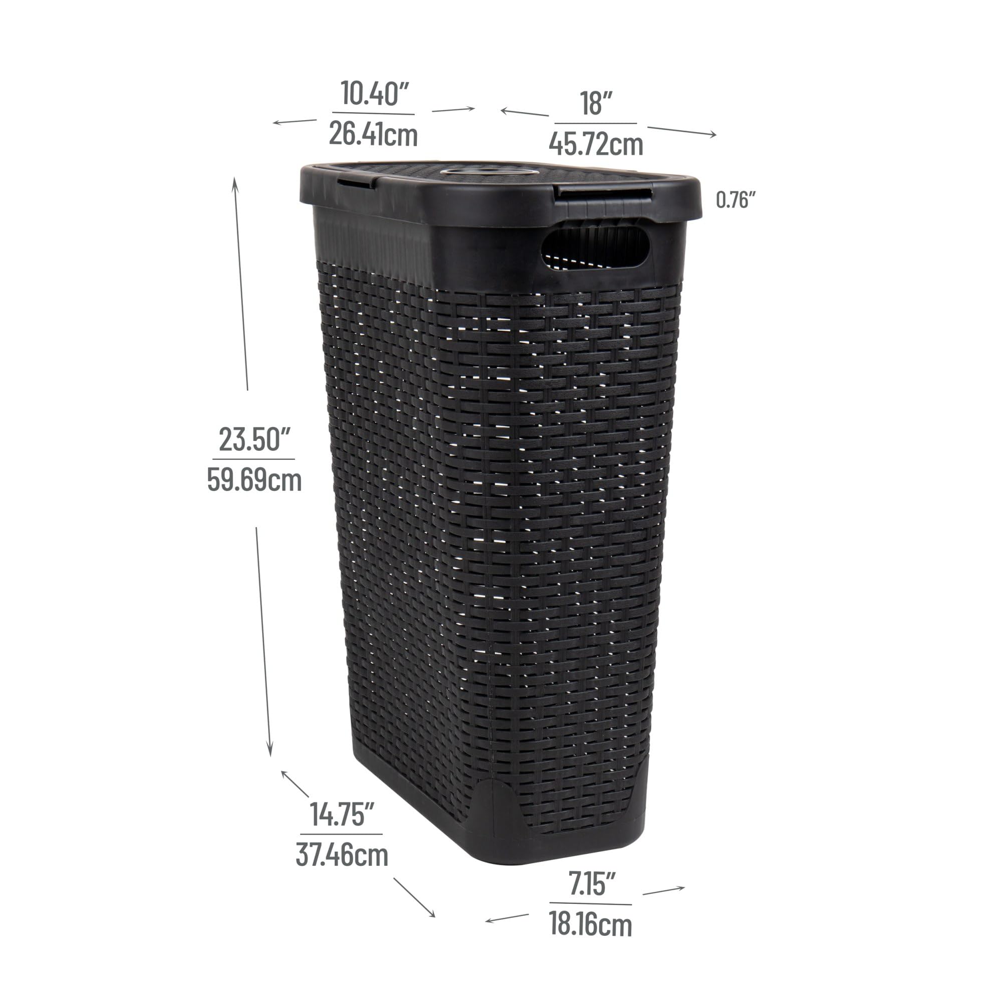 Mind Reader 40L Slim Laundry Hamper, Clothes Basket, Lid, Wicker Design, Plastic, 18"L x 10.4"W x 23.5"H, Black