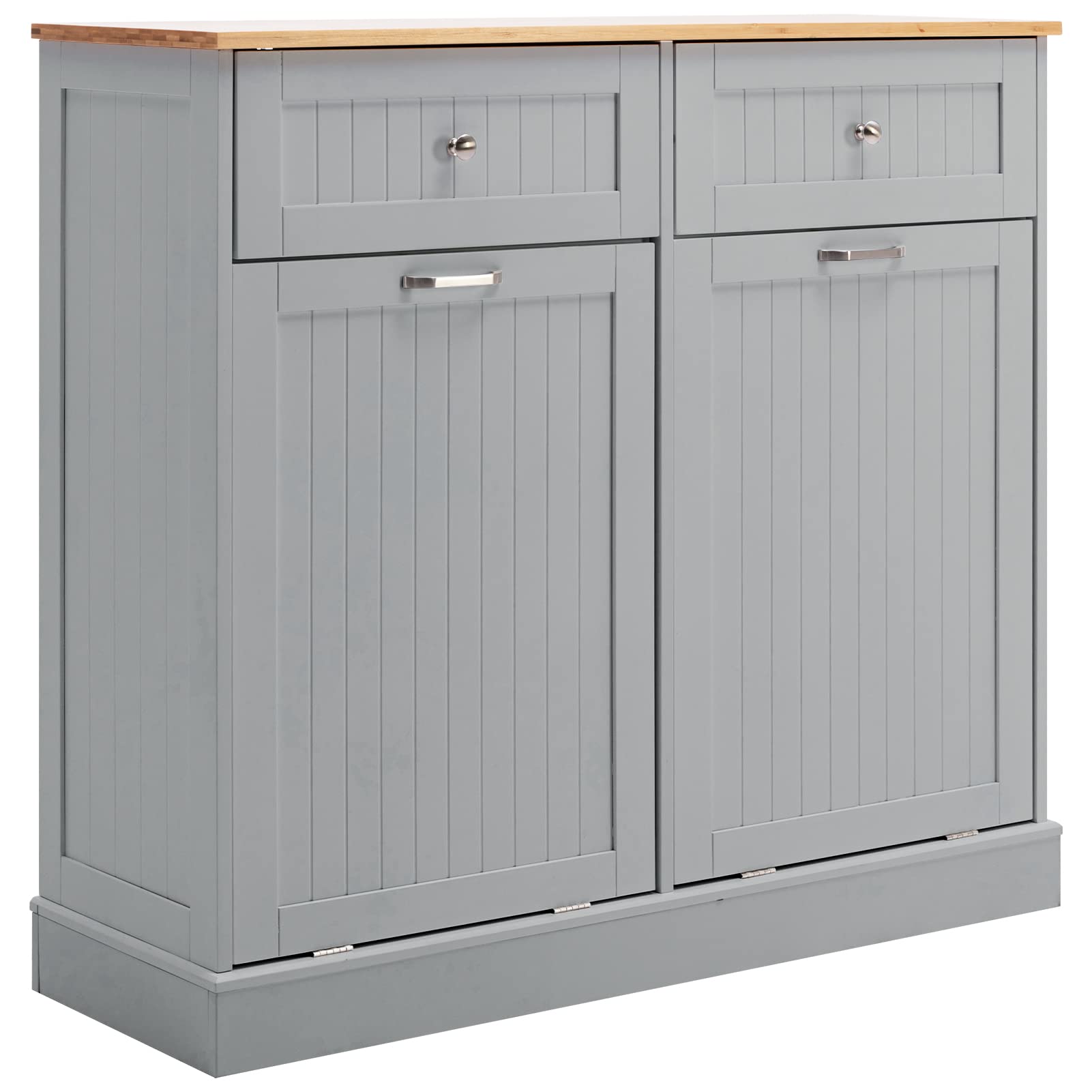 Double Trash Cabinet Tilt Out 20 Gallon, Pet Proof Kitchen Trash Cabinet Laundry Hamper with Cutting Board, Wood Garbage Recycling Station Hideaway Trash Holder Drawers (Grey)