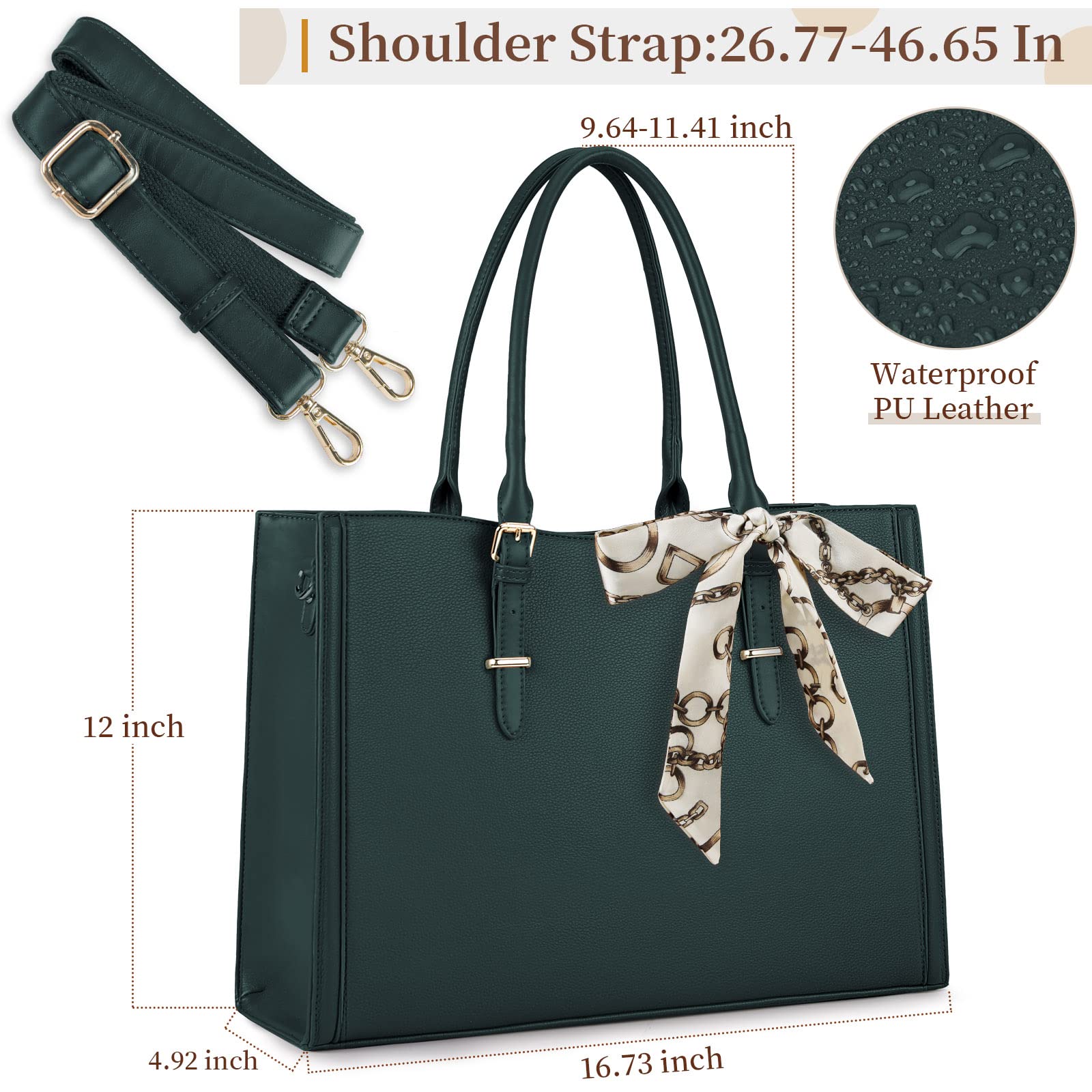 Laptop Bag for Women 15.6 inch Waterproof Laptop Tote Work Bag Leather Computer Tote Briefcase Bag Office Professional Large Capacity Handbag School Shoulder Green