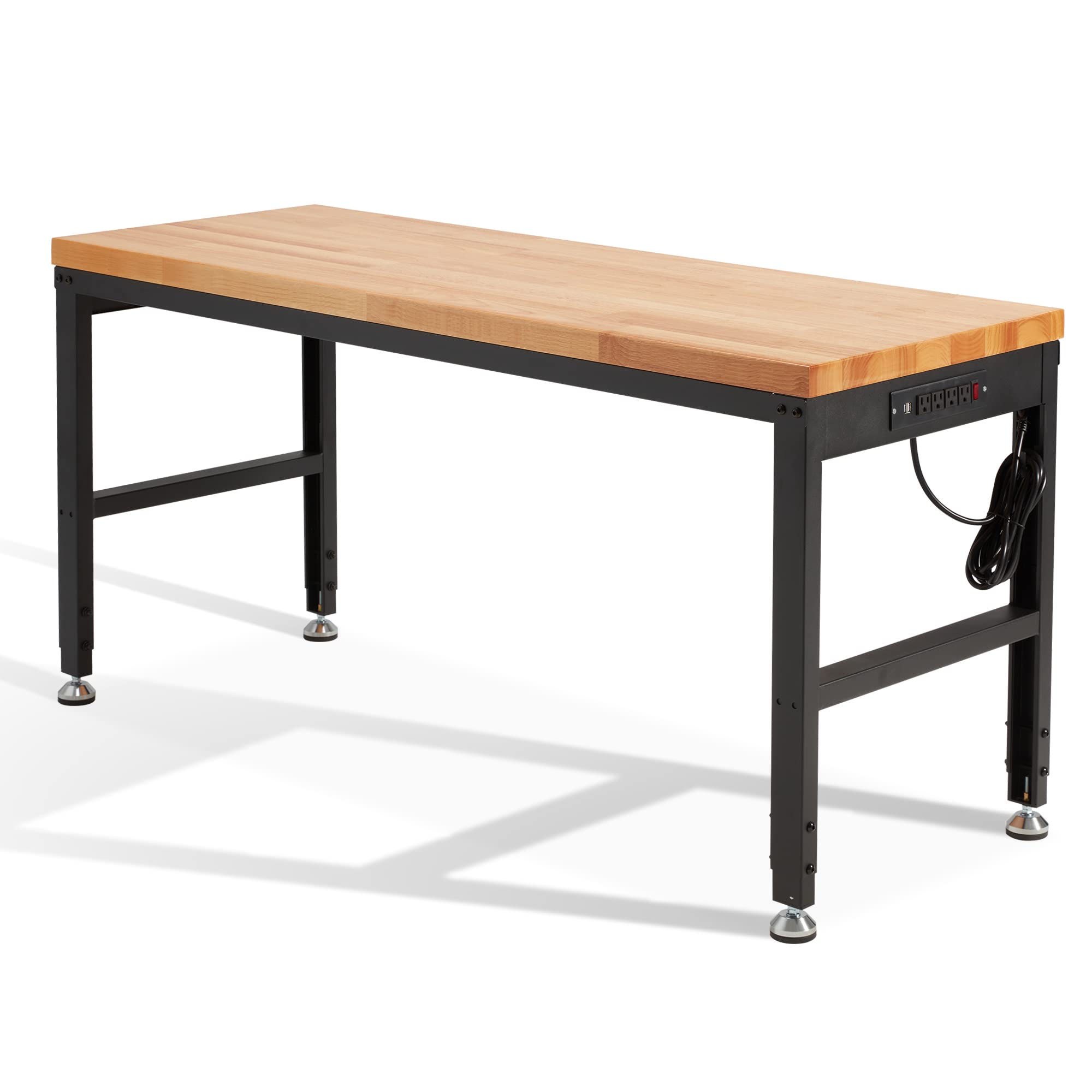 AHB 60" Workbench Adjustable Height, Oak Wood Work Table with Power Outlets, Max 2000 LBS, Heavy Duty Workstation for Garage Party Shop Office Home(Black 60"x 22")