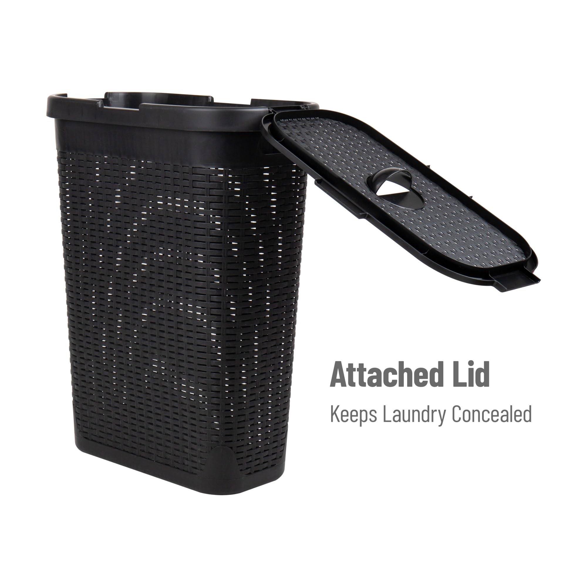 Mind Reader 40L Slim Laundry Hamper, Clothes Basket, Lid, Wicker Design, Plastic, 18"L x 10.4"W x 23.5"H, Black