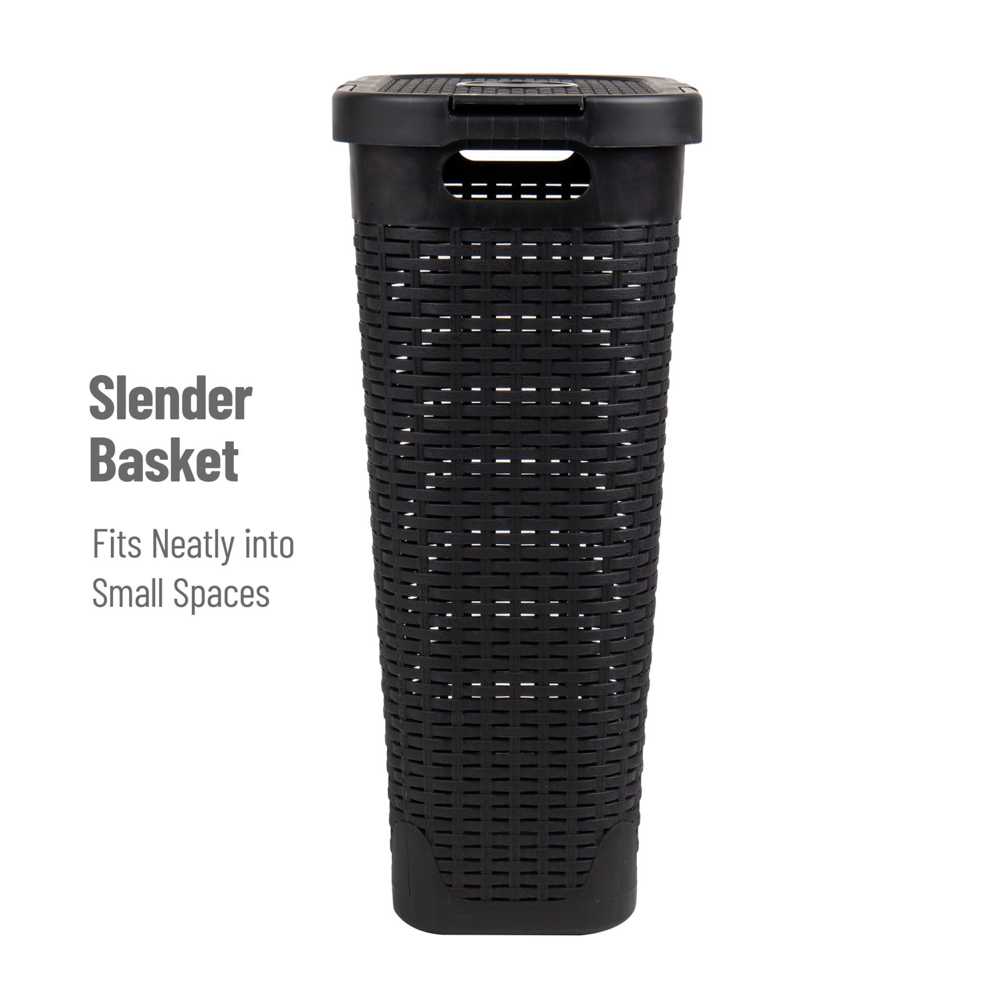 Mind Reader 40L Slim Laundry Hamper, Clothes Basket, Lid, Wicker Design, Plastic, 18"L x 10.4"W x 23.5"H, Black