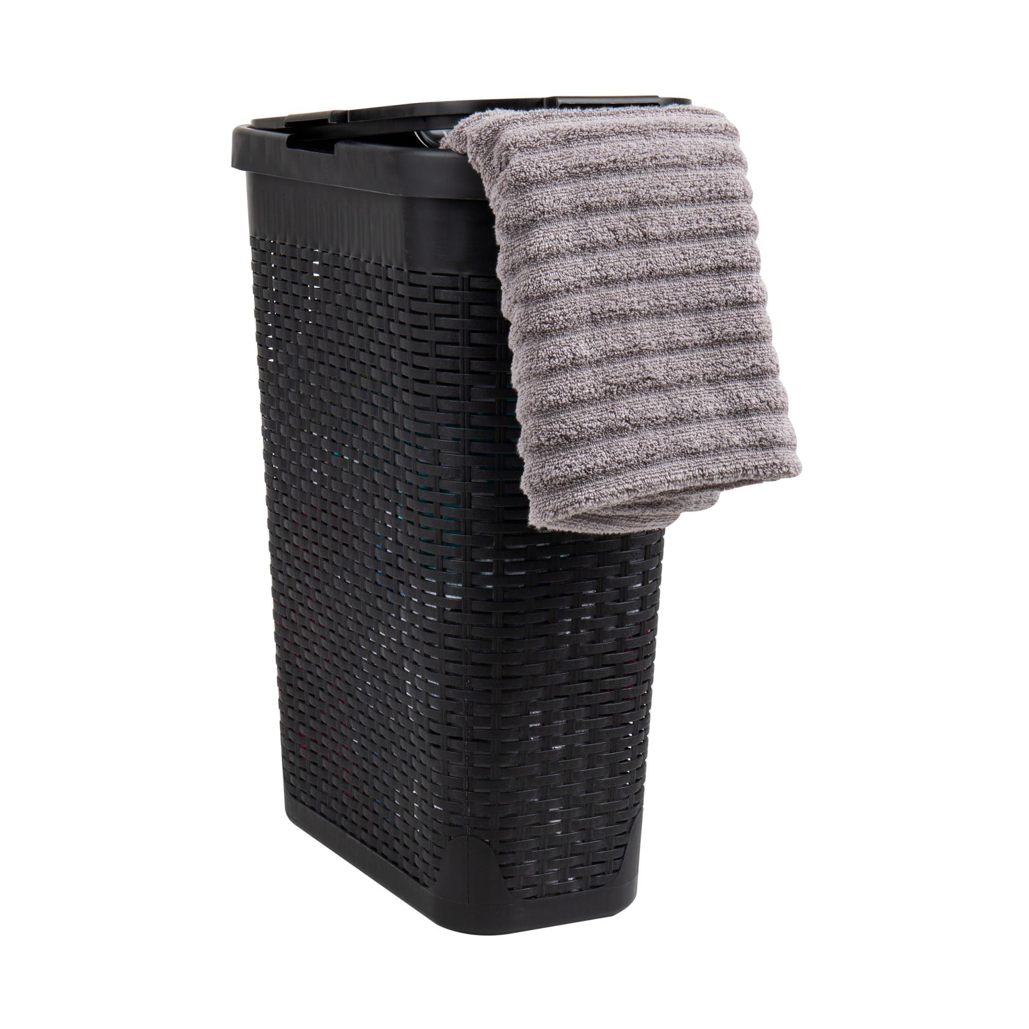 Mind Reader 40L Slim Laundry Hamper, Clothes Basket, Lid, Wicker Design, Plastic, 18"L x 10.4"W x 23.5"H, Black