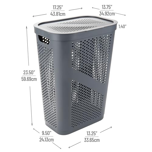 Mind Reader 60L Slim Laundry Hamper, Clothes Basket, Lid, Ventilated, Plastic, 17.25"L x 13.75"W x 23.5"H, Set of 2, Gray