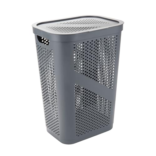 Mind Reader 60L Slim Laundry Hamper, Clothes Basket, Lid, Ventilated, Plastic, 17.25"L x 13.75"W x 23.5"H, Set of 2, Gray