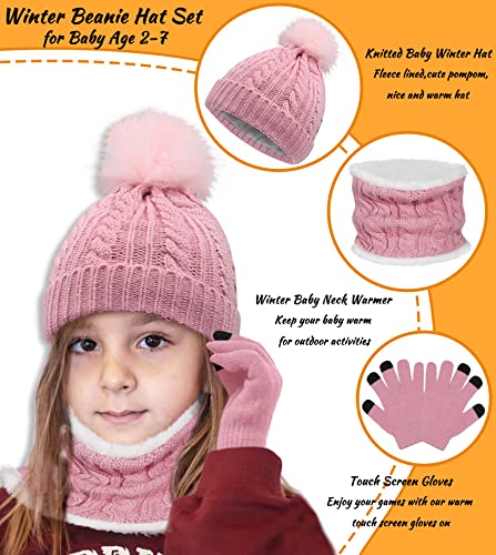 KMOLY Kids Winter Hat Set for Boys Girls Age 2-7,Toddler Beanie Neck Warmer Touchscreen Gloves Baby Knit Ski Cap Set (Pink)