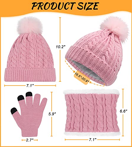 KMOLY Kids Winter Hat Set for Boys Girls Age 2-7,Toddler Beanie Neck Warmer Touchscreen Gloves Baby Knit Ski Cap Set (Pink)
