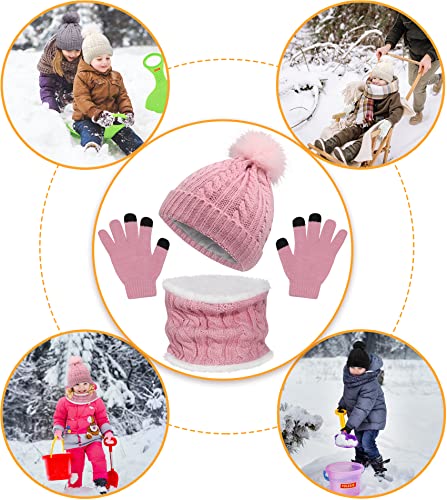 KMOLY Kids Winter Hat Set for Boys Girls Age 2-7,Toddler Beanie Neck Warmer Touchscreen Gloves Baby Knit Ski Cap Set (Pink)