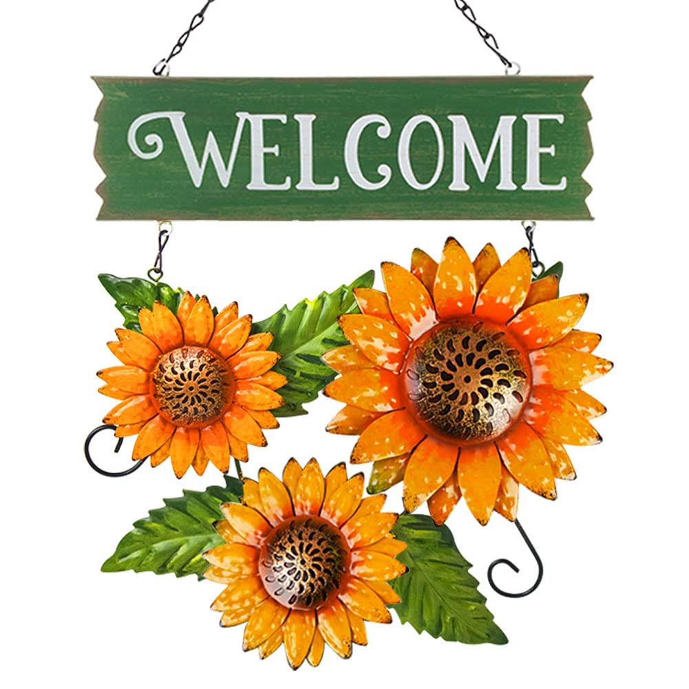 Sunflower Welcome Sign for Front Door, Sunflower Wreath, Hanging Fall Sunflower Welcome Door Sign for Outdoor, Farmhouse, Patio, Garden, Home (Metal)