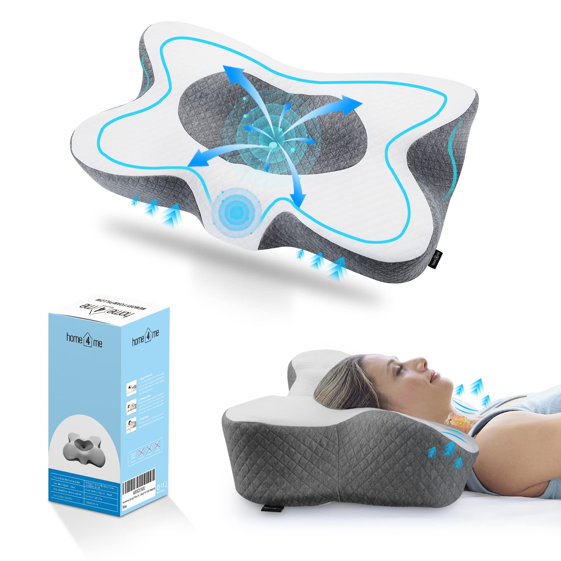 Home4me Cervical Pillow Memory Foam Pillow for Neck and Shoulder Pain Relief, Contour Orthopedic Pillows for Back or Stomach Sleepers, Solving Shortness of Breath and Stiffneck for Side Sleeping