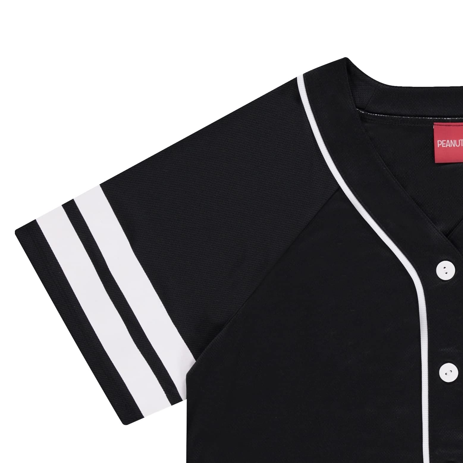 Peanuts Ladies Snoopy Baseball Jersey Snoopy Charlie Brown, Woodstock, Linus Mesh Button Down Baseball Jersey (Black, Large)