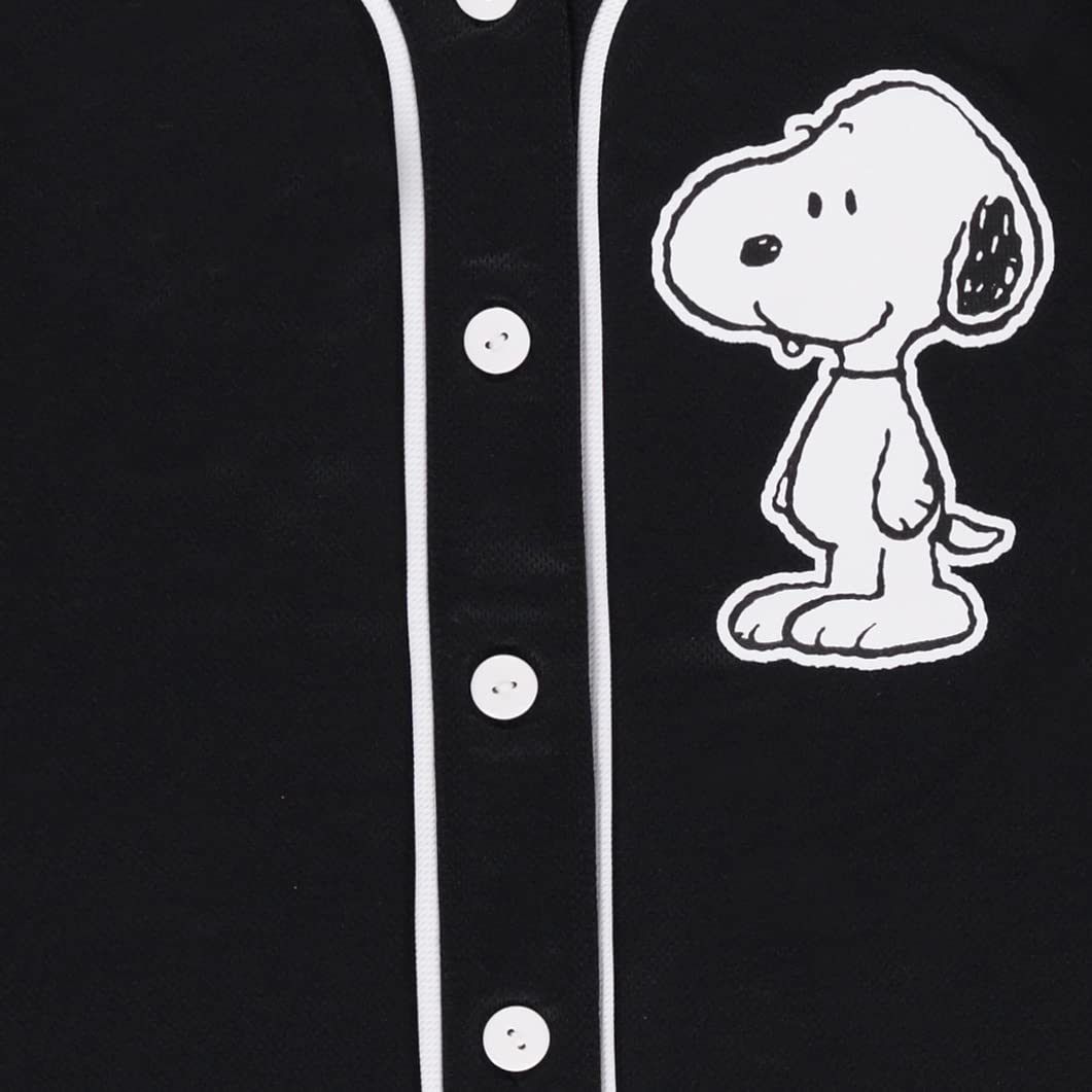 Peanuts Ladies Snoopy Baseball Jersey Snoopy Charlie Brown, Woodstock, Linus Mesh Button Down Baseball Jersey (Black, Large)