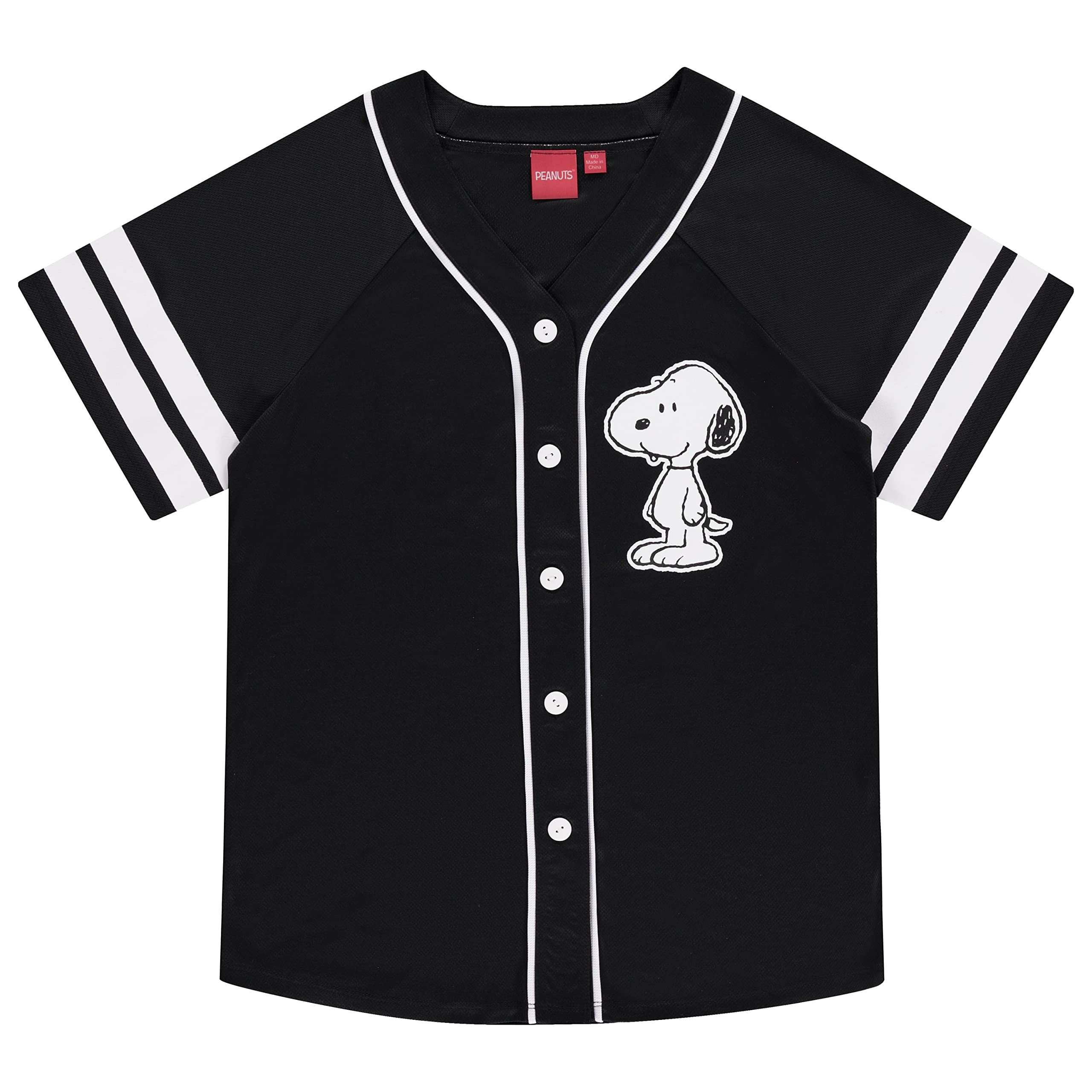Peanuts Ladies Snoopy Baseball Jersey Snoopy Charlie Brown, Woodstock, Linus Mesh Button Down Baseball Jersey (Black, Large)