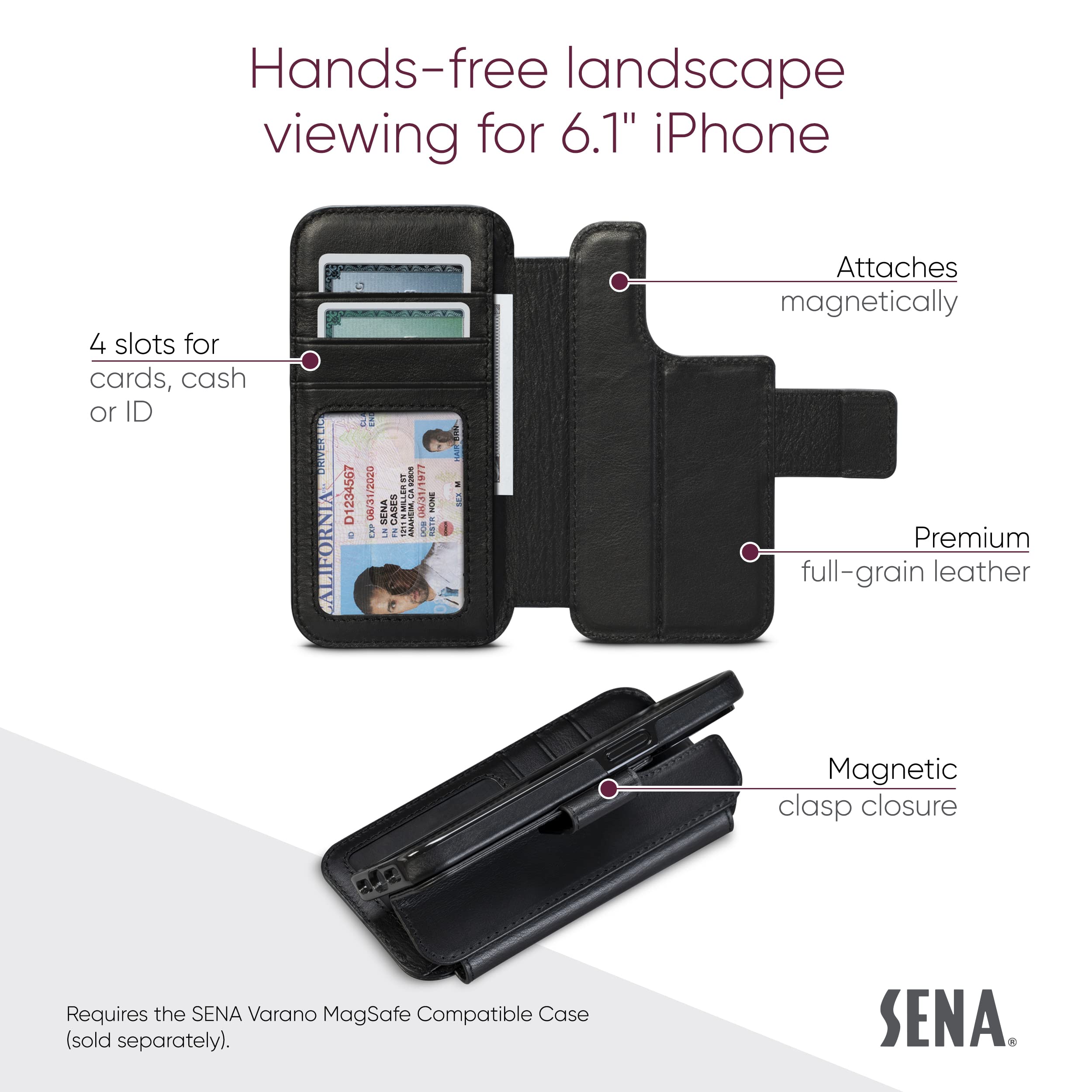 SENA iPhone 14/iPhone 14 Pro Case with Card Holder Men Women Premium Full-Grain Leather Wallet Wrap for iPhone 14/14 Pro 6.1" Apple iPhone Case with Shockproof TPU Protection, Black (SXD113US-50)