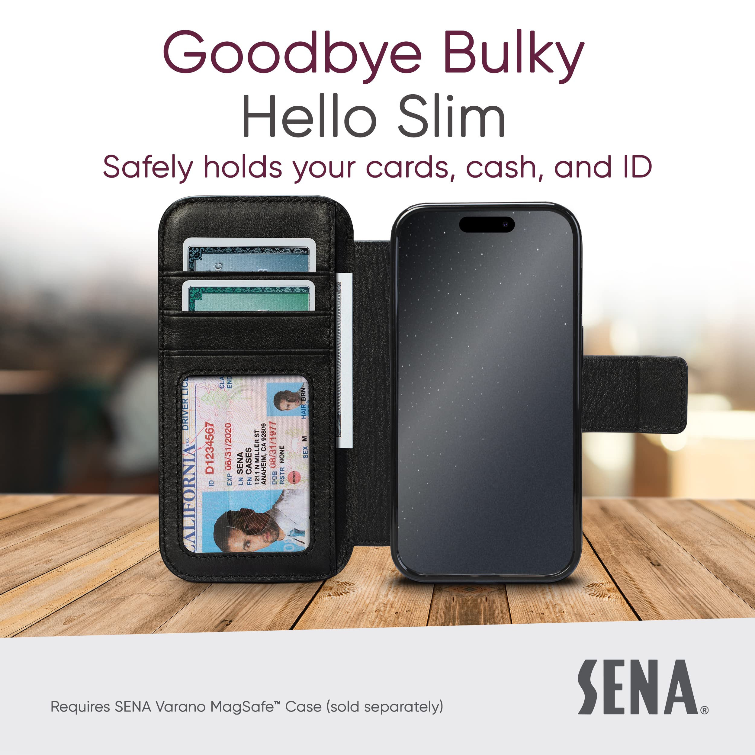 SENA iPhone 14/iPhone 14 Pro Case with Card Holder Men Women Premium Full-Grain Leather Wallet Wrap for iPhone 14/14 Pro 6.1" Apple iPhone Case with Shockproof TPU Protection, Black (SXD113US-50)