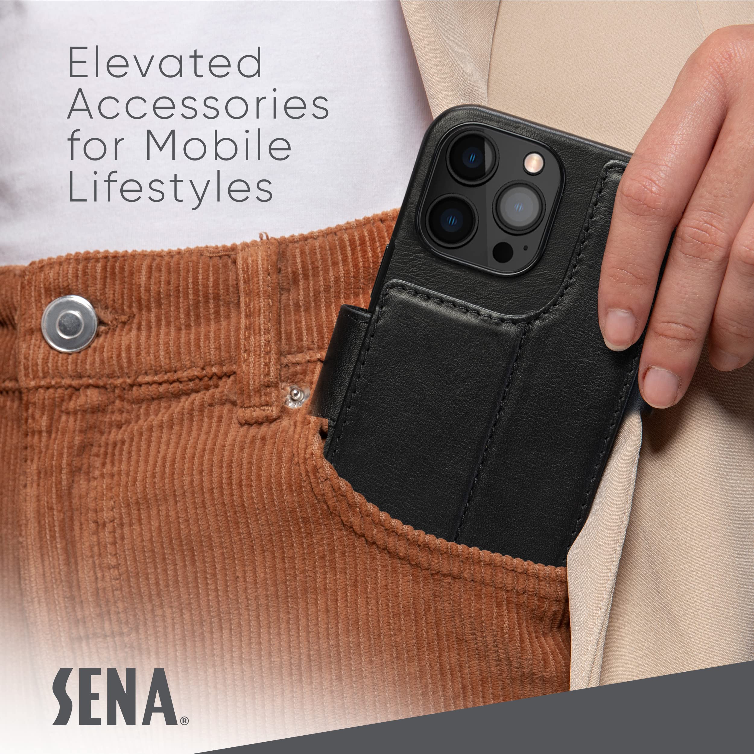 SENA iPhone 14/iPhone 14 Pro Case with Card Holder Men Women Premium Full-Grain Leather Wallet Wrap for iPhone 14/14 Pro 6.1" Apple iPhone Case with Shockproof TPU Protection, Black (SXD113US-50)