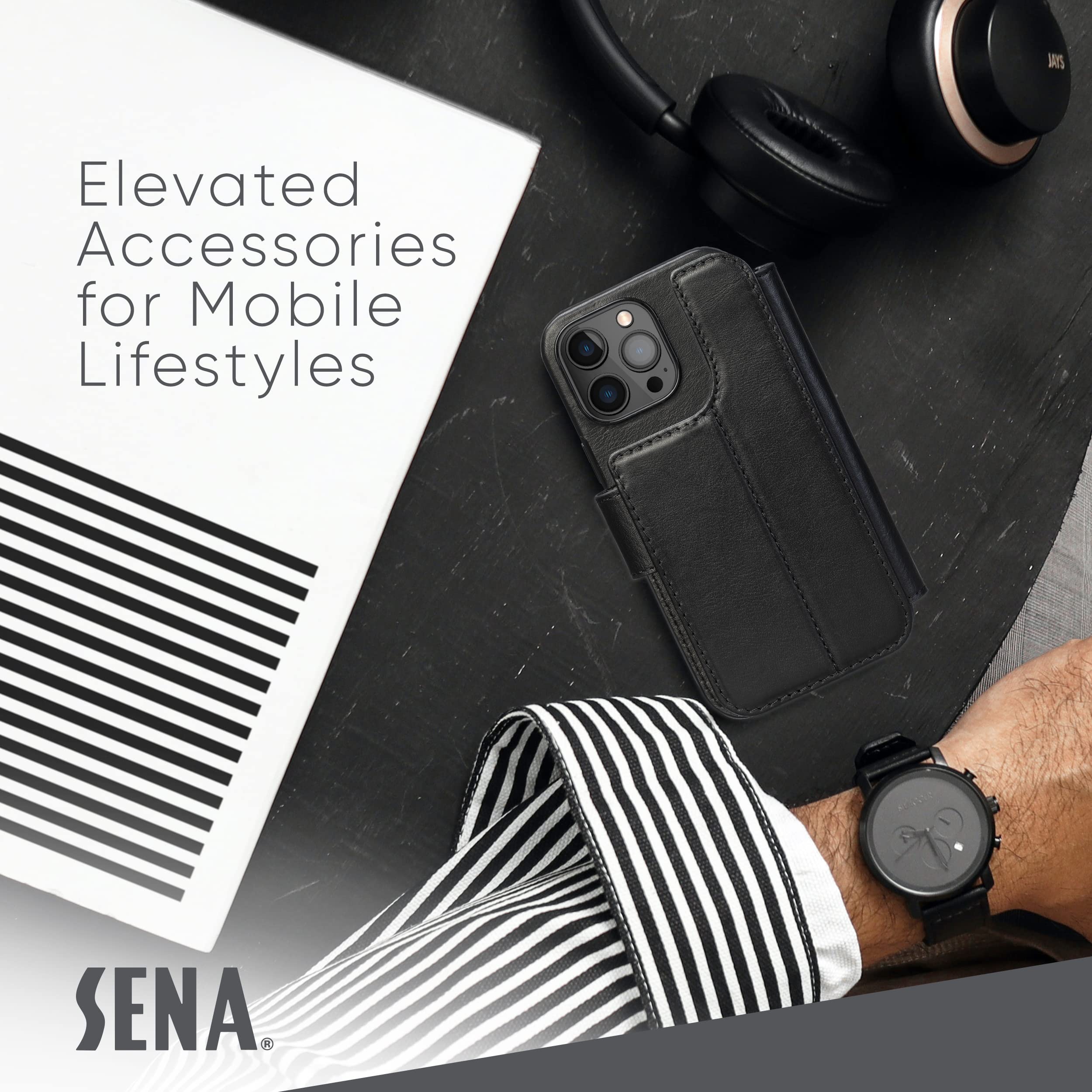 SENA iPhone 14/iPhone 14 Pro Case with Card Holder Men Women Premium Full-Grain Leather Wallet Wrap for iPhone 14/14 Pro 6.1" Apple iPhone Case with Shockproof TPU Protection, Black (SXD113US-50)