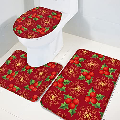Bathroom Rugs, Memory Foam Bath Mat Bathroom Set, Plant and Snowflake Christmas Theme Red Bath Rugs Bathroom Accessories, Home Decor Non-Slip Absorbent Soft Bath Mats for Bathroom, Tub, 3 Pieces