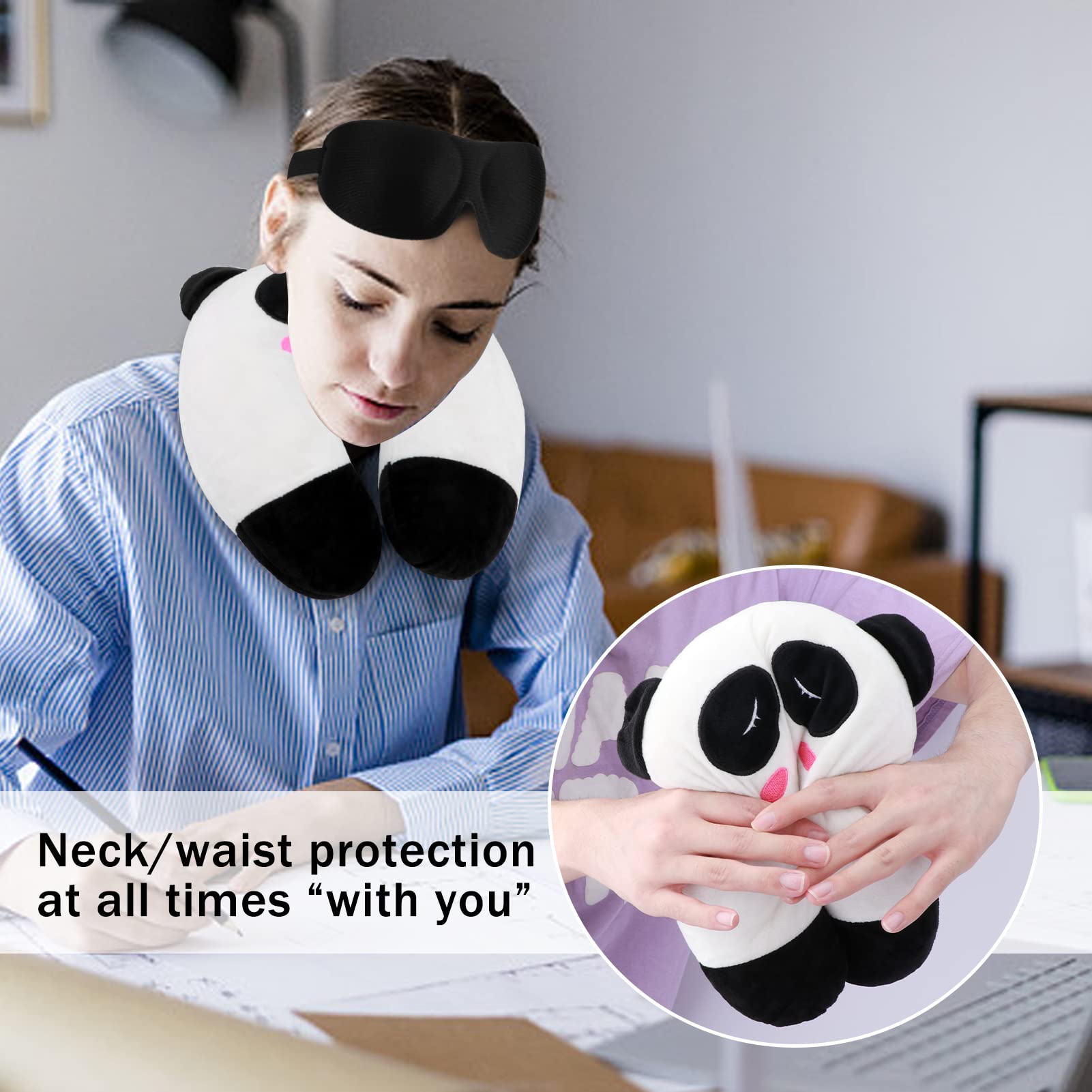 JIANWEI Travel Pillow, Portable and Comfortable Neck Support Pillow with an Eye Mas-k, Rest Neck Support Cushion with Animal Pattern Super Travel Partner(Panda,)