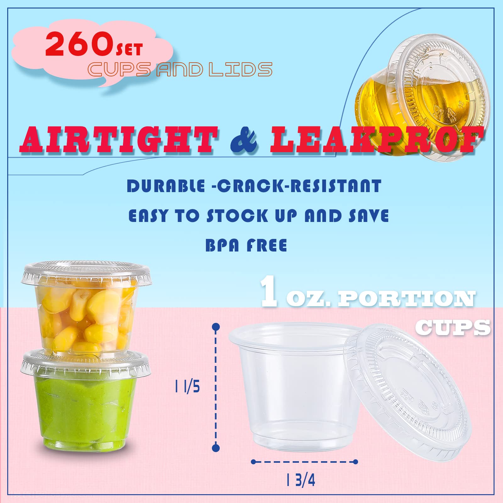[260 Sets - 1 oz ] Jello Shot Cups, Small Plastic Containers with Lids, Airtight and Stackable Portion Cups, Salad Dressing Container, Dipping Sauce Cups, Condiment Cups for Lunch, Party, Trips