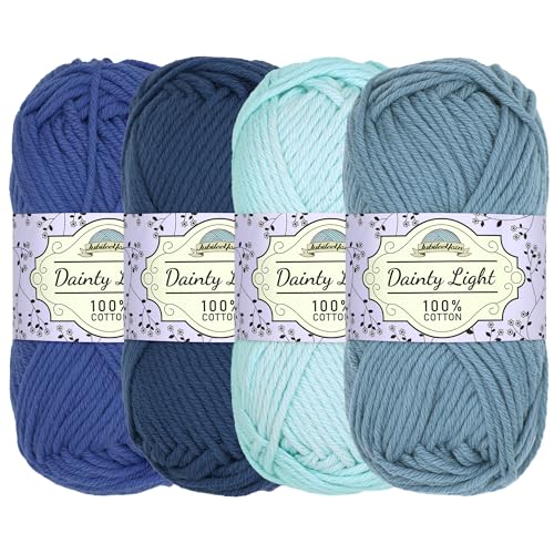 JubileeYarn Dainty Light Yarn - Worsted Weight Cotton - 100g/Skein - Shades of Blue - 4 Skeins