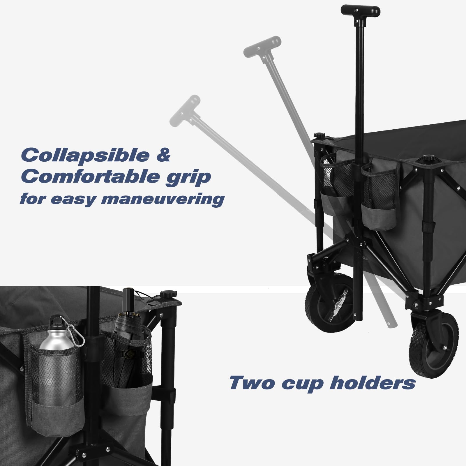 Chihee Folding Wagon Cart Garden Cart Heavy-Duty with 2 Cup Holders,Camp Cart for Gimballed Wheels with Braking System Large Capacity Removable Fabric,for Sporting Events,Camping,Beach Trips