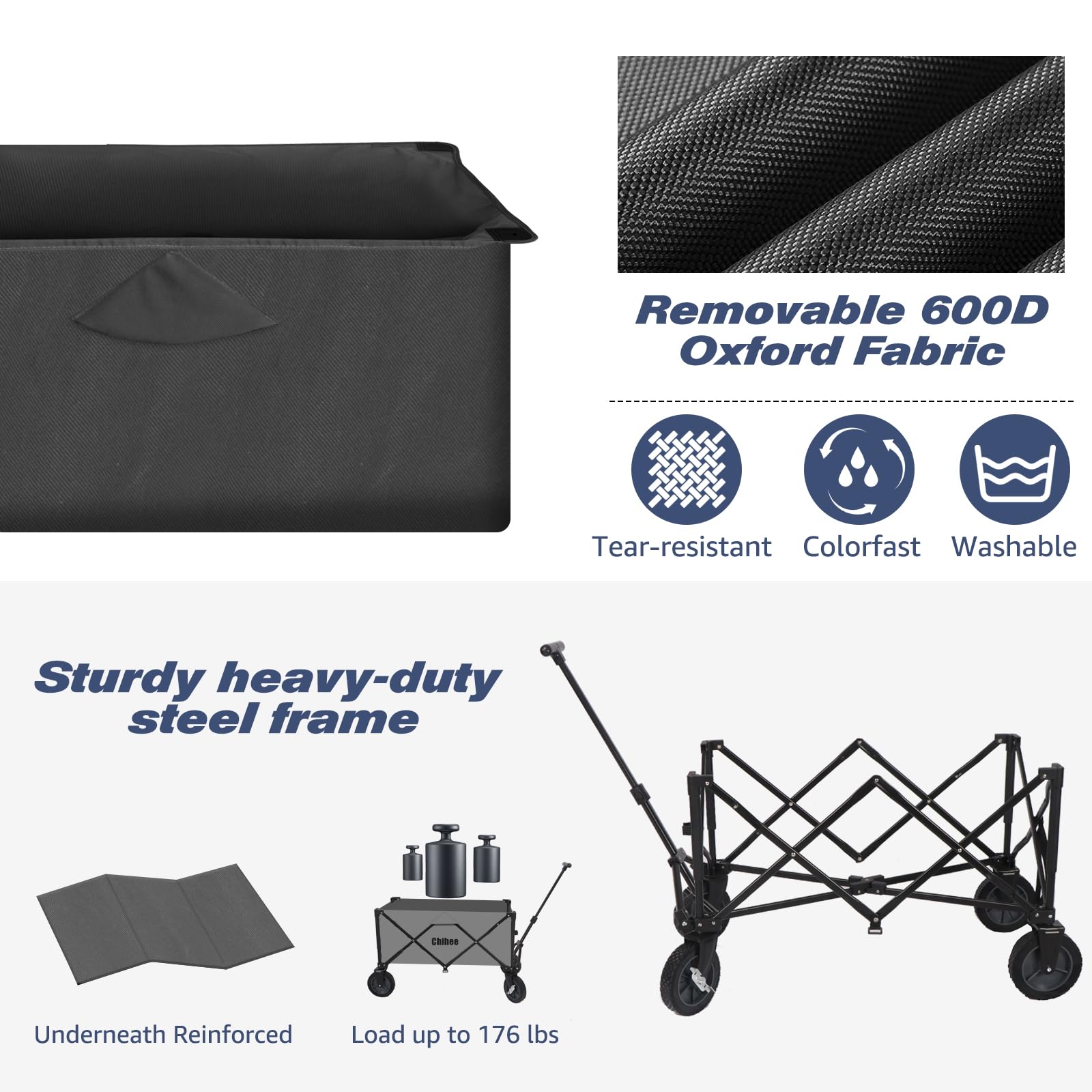 Chihee Folding Wagon Cart Garden Cart Heavy-Duty with 2 Cup Holders,Camp Cart for Gimballed Wheels with Braking System Large Capacity Removable Fabric,for Sporting Events,Camping,Beach Trips