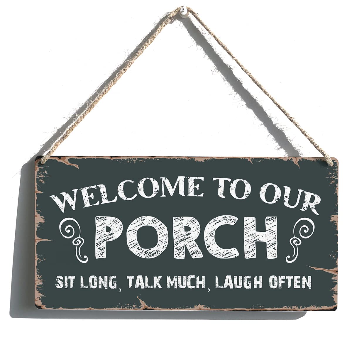 Welcome to Our Porch Sit Long Talk Much Laugh Often Sign Gift Farmhouse Porch Wooden Hanging Sign Plaque Retro Wall Art Decor for Home Decoration 12 x 6 Inches