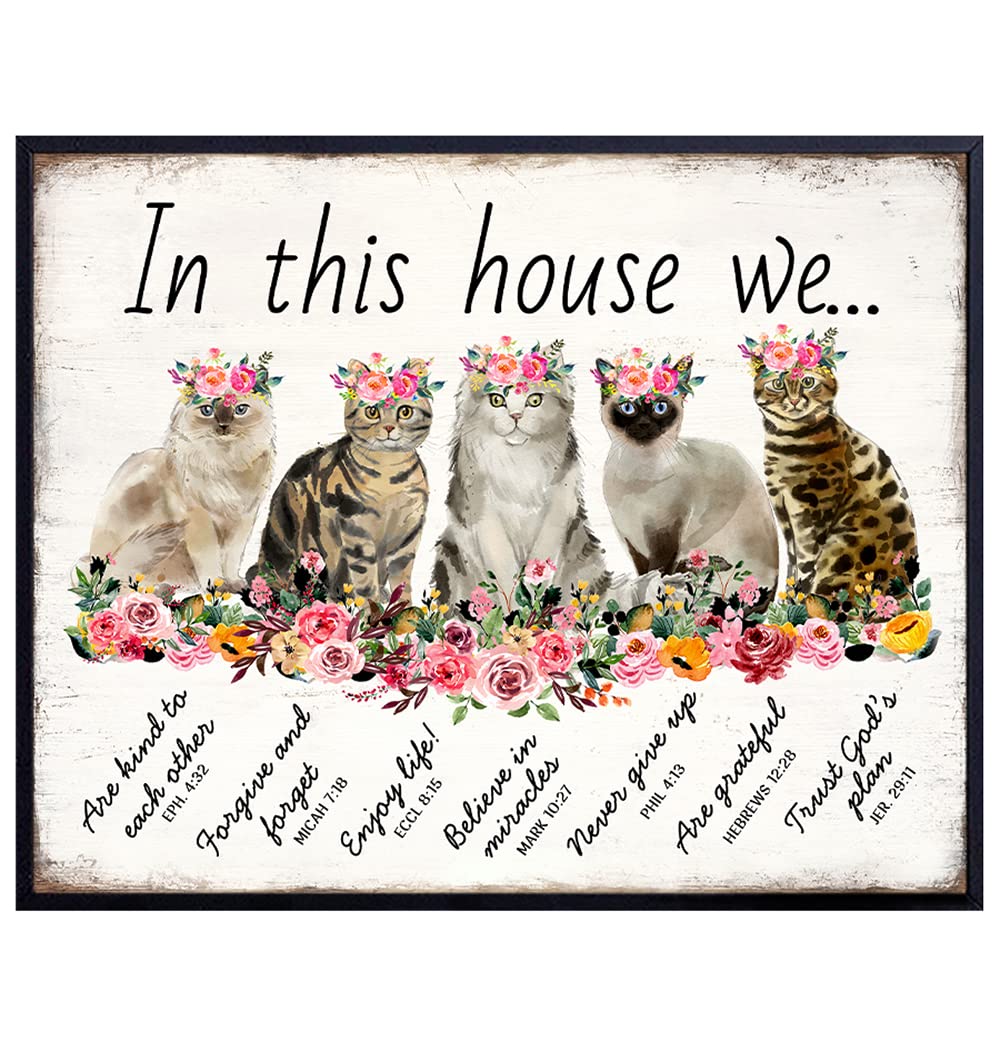 Family Wall Art - Inspirational Quotes Scripture Bible Verse Wall Art- Catholic Christian Gifts for Women - Religious Home Decor - Spiritual Print - Positive Saying - God Poster - Cat Artwork 8x10