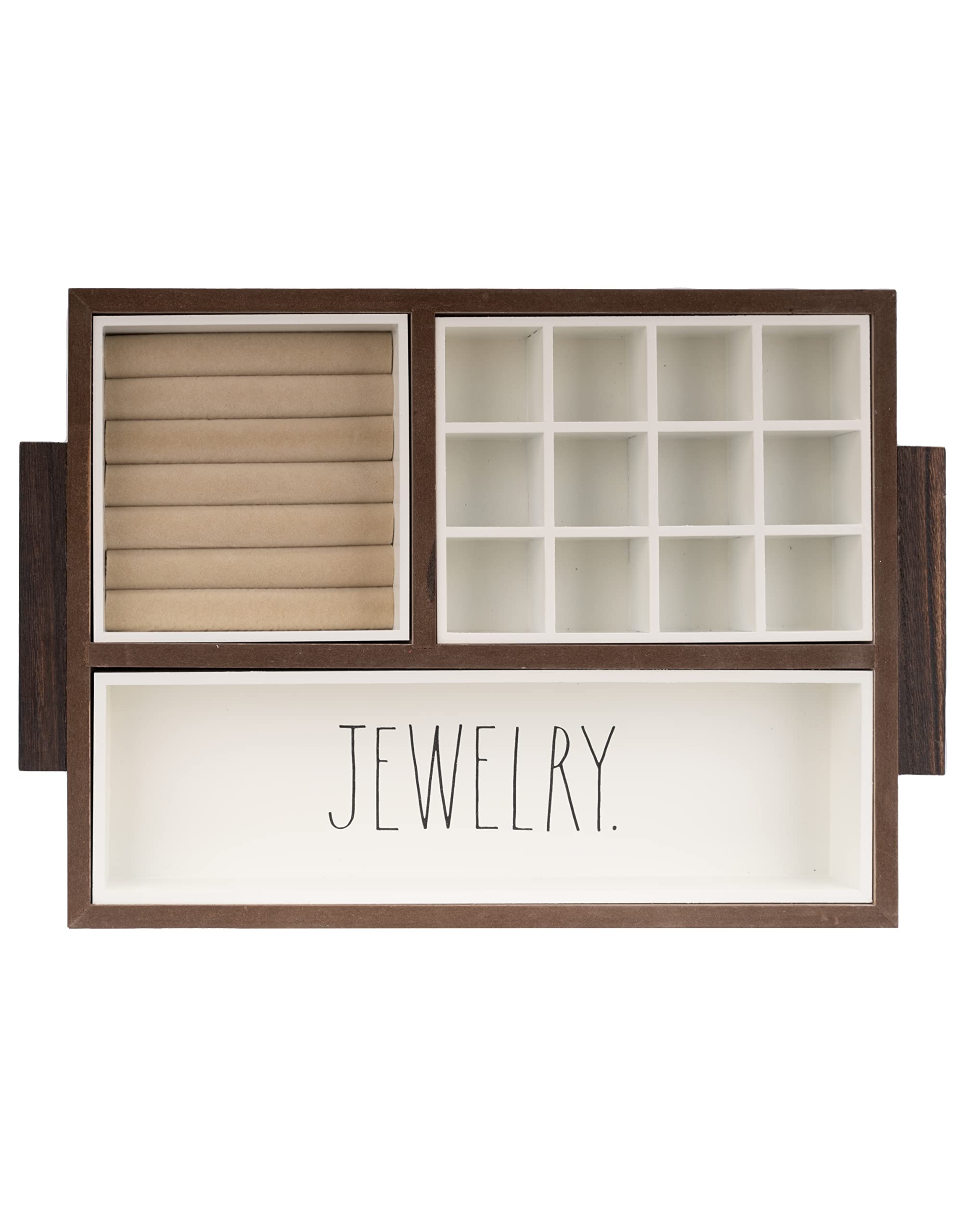 Rae Dunn Jewelry Tray - Jewelry Drawer Organizer - Jewelry Organizer Trays - Storage Box for Earring, Ring, Bracelet, Necklace - Insert for Dresser Drawers, Vanity Display (Wood "Jewelry")