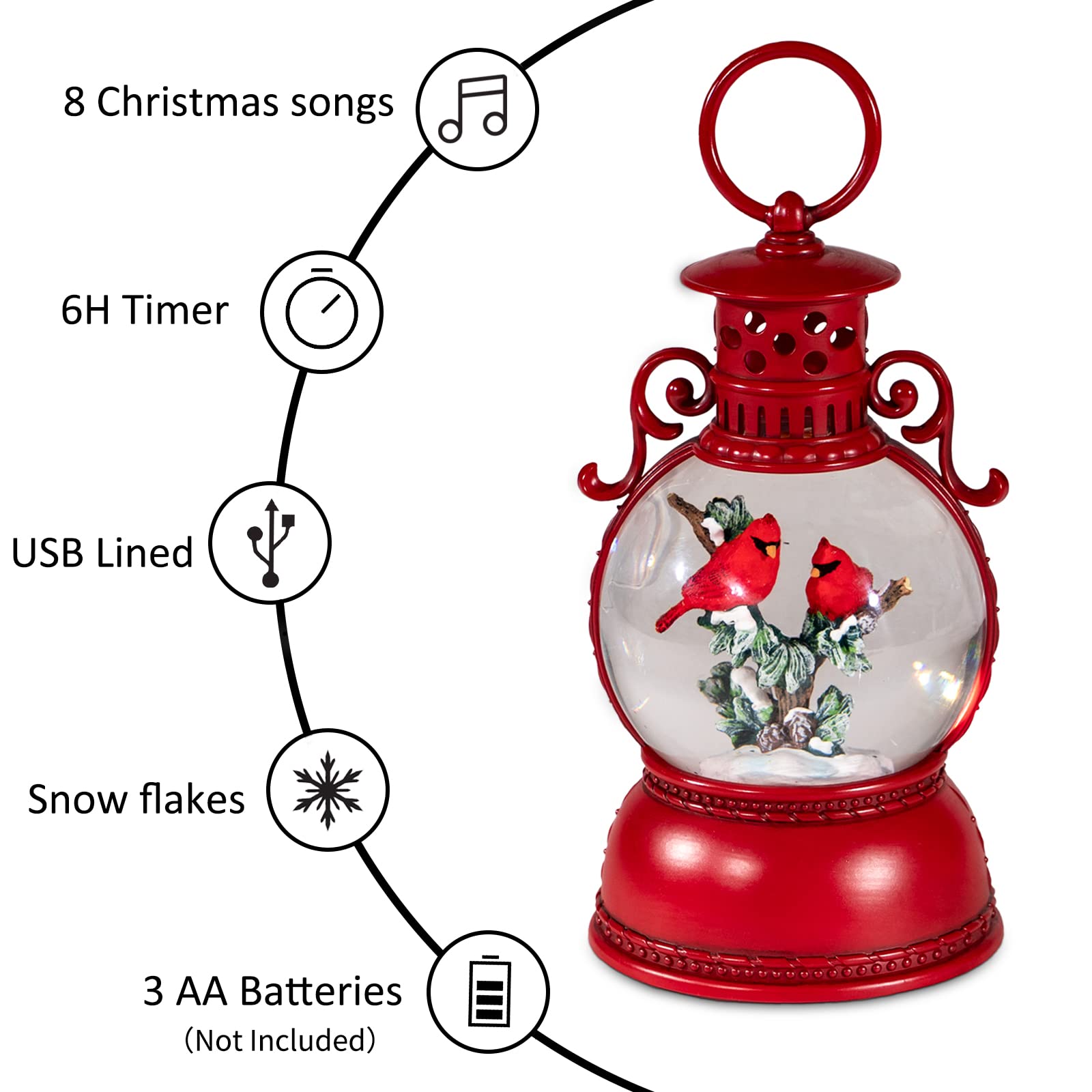 Christmas Snow Globes, Cardinal Christmas Water Globes with 8 Songs, 6H Timer Battery & USB Powered Glitter Snow Globe Music Box Suitable for Christmas Home Decorations Holiday Party Gifts