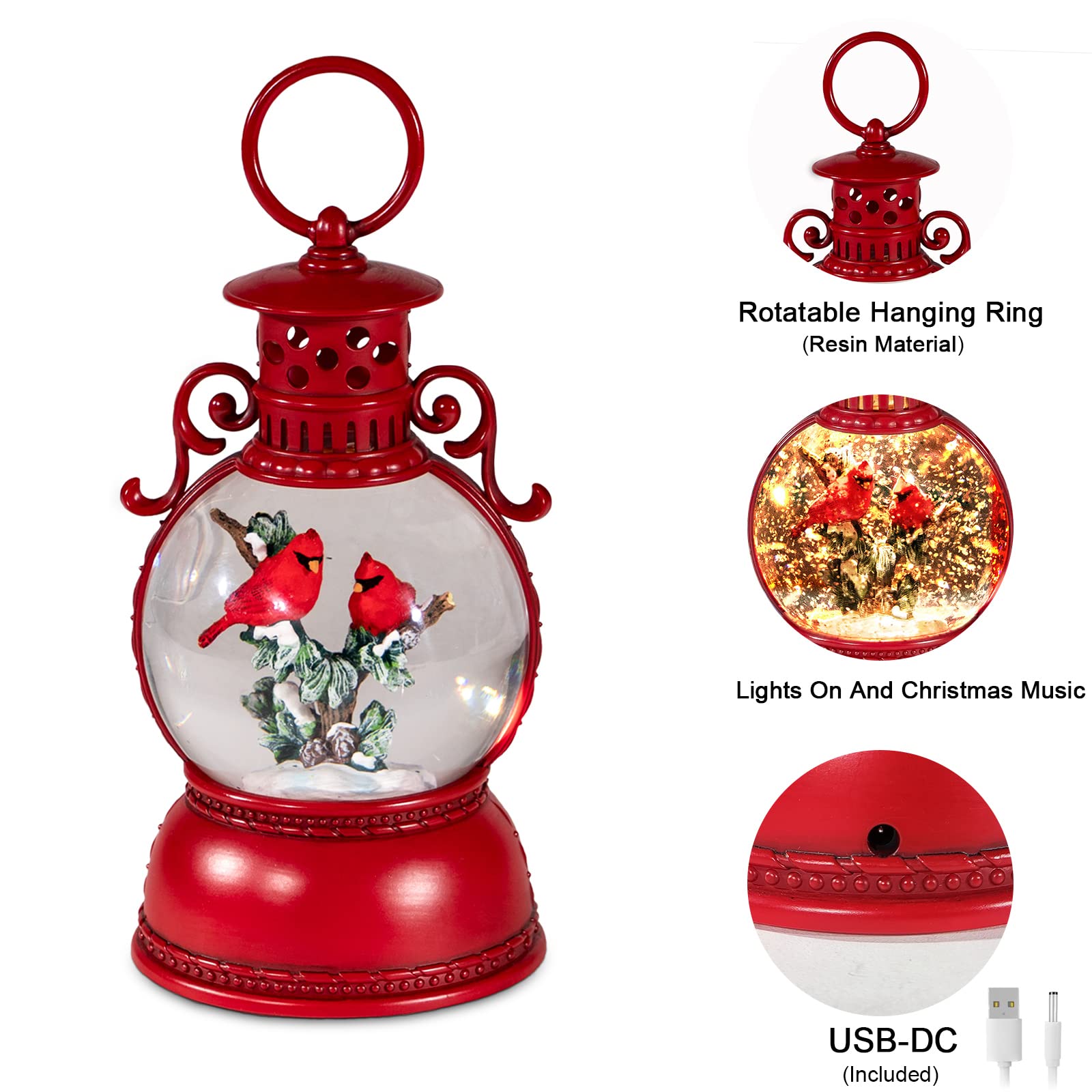 Christmas Snow Globes, Cardinal Christmas Water Globes with 8 Songs, 6H Timer Battery & USB Powered Glitter Snow Globe Music Box Suitable for Christmas Home Decorations Holiday Party Gifts