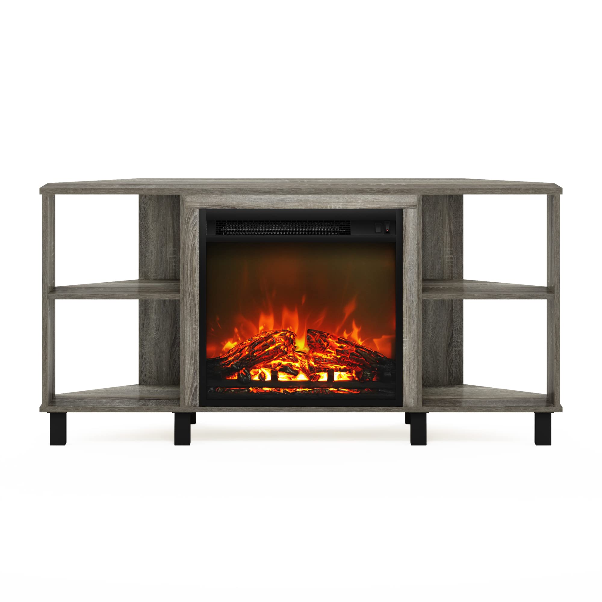 Furinno Jensen Corner Fireplace TV Stand with 4 Open Compartments for TV up to 55 Inches, French Oak Grey