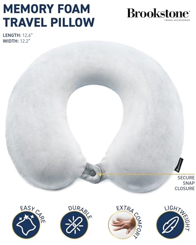 Broosktone Travel Neck Pillow - Lightweight Fleece Casing Extra Comfort Memory Foam - U-Shaped Neck Pillow for Travelling, Grey
