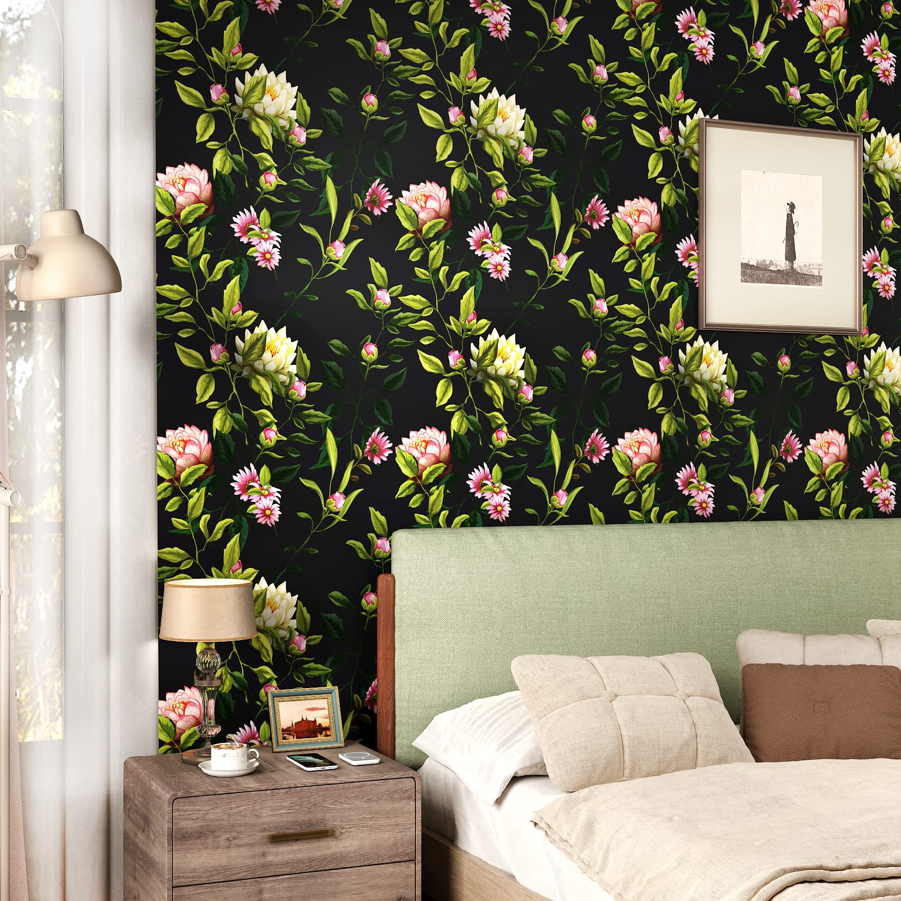 HotDecor 24"x118" Dark Floral Wallpaper Peel and Stick Pink Peony Wallpaper for Bathroom Wall Paper Waterproof Decorative Floral Contact Paper for Walls Cabinets Daisy Botanical Flower Wallpaper